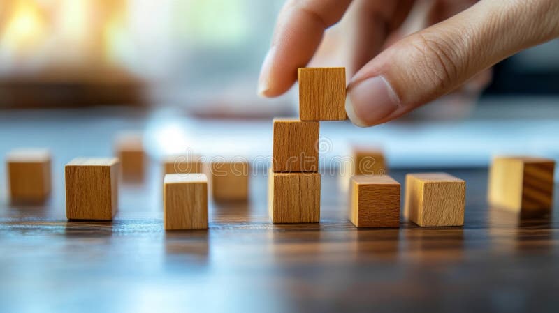 Hand Crafting a Wooden Block Structure on a Table Surface Stock ...