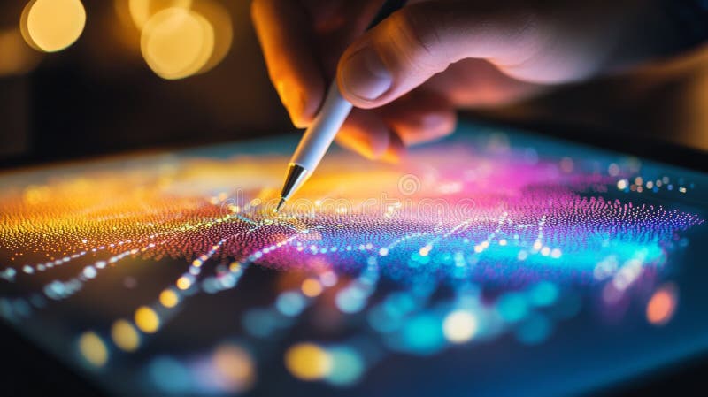 Hand Creating Colorful Data on Digital Screen Stock Illustration ...