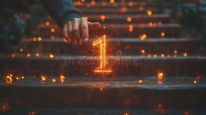 Hand Creating Glowing Number One on Outdoor Stairs at Night Stock ...