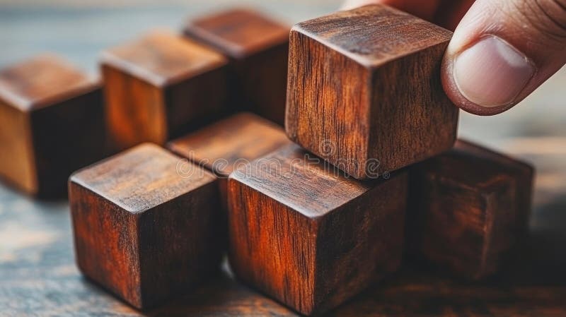 A Hand Creating a Pyramid Out of Wooden Blocks on a Table, with Plants ...