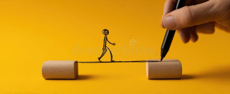 The Hand Creating a Stick Figure Walking Across Wooden Supports. AI ...