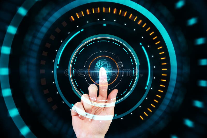 Hand with Creative Amber Finger Print Scan Interface Stock Photo ...