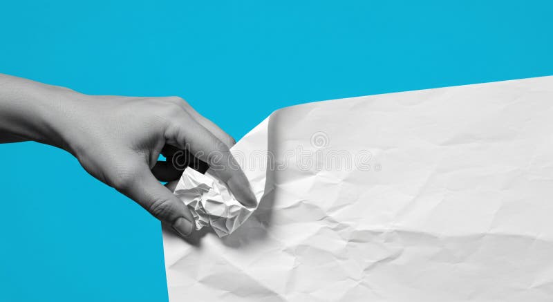 Crumpled Paper Texture Background with Hand on Blue Design Concept for ...