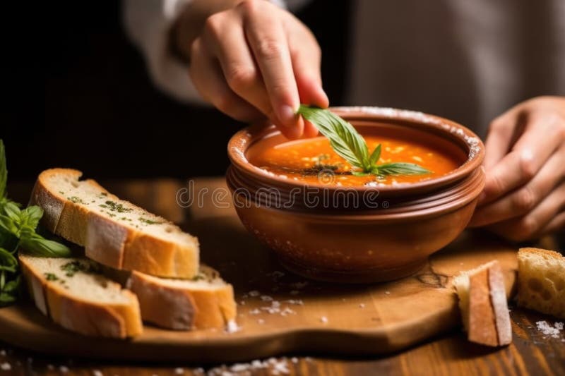 A Hand Crunching a Piece of Baguette into a Bowl of Tomato Basil Soup ...