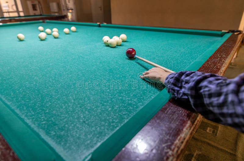 Hand with Cue Aiming on Billiard Ball at Table Stock Photo - Image of ...