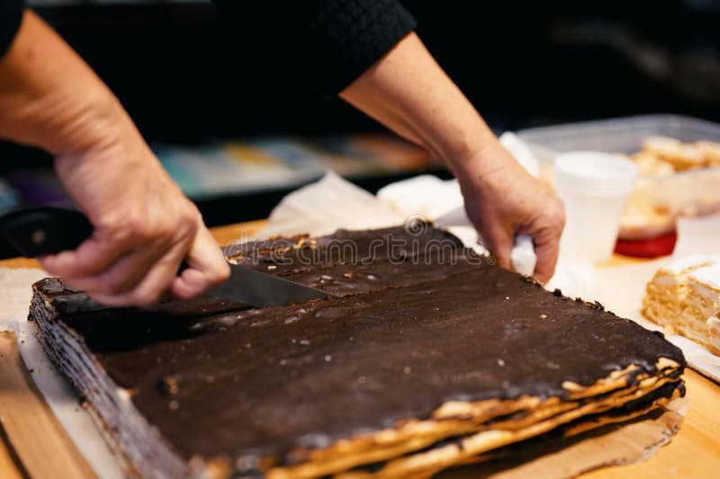 Hand Cutting Chocolate Brownie Stock Image - Image of brown, cake ...
