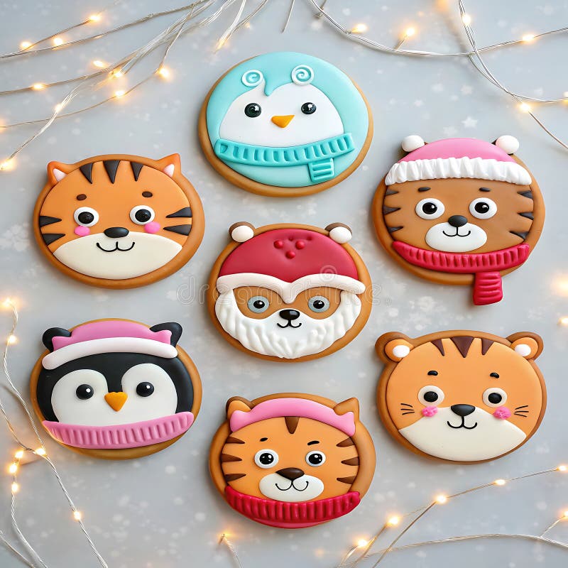 Hand-Decorated Holiday Cookies Featuring Cute Animals Stock ...