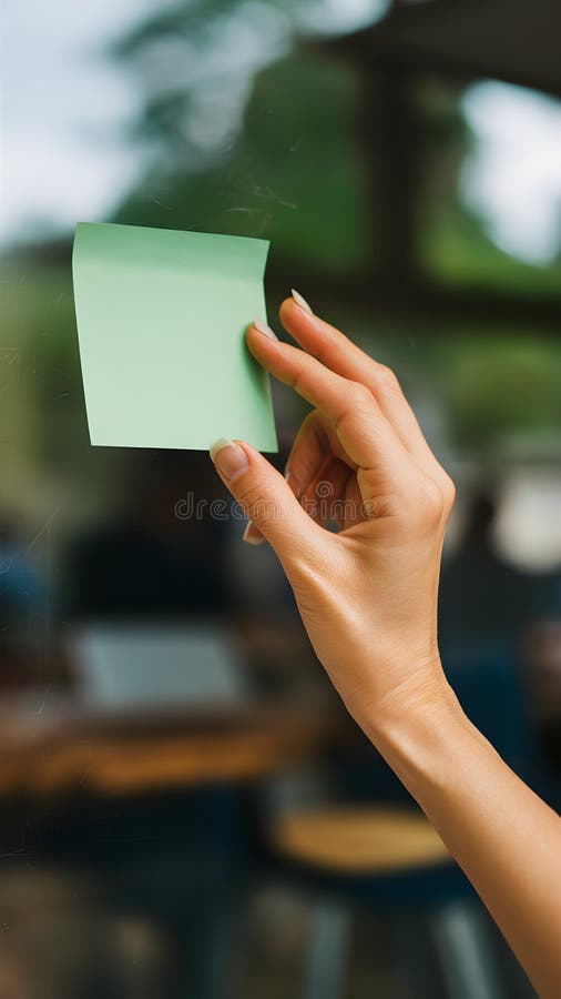 Green Post it Placed on Glass, Nature View Adds Serenity To Workspace ...
