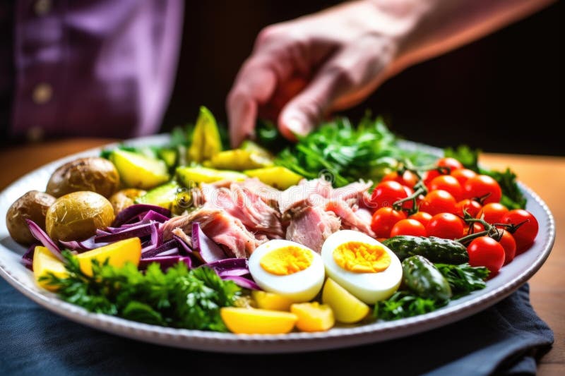 A Hand Delicately Placing a Vegetable on Nicoise Salad Stock Photo ...
