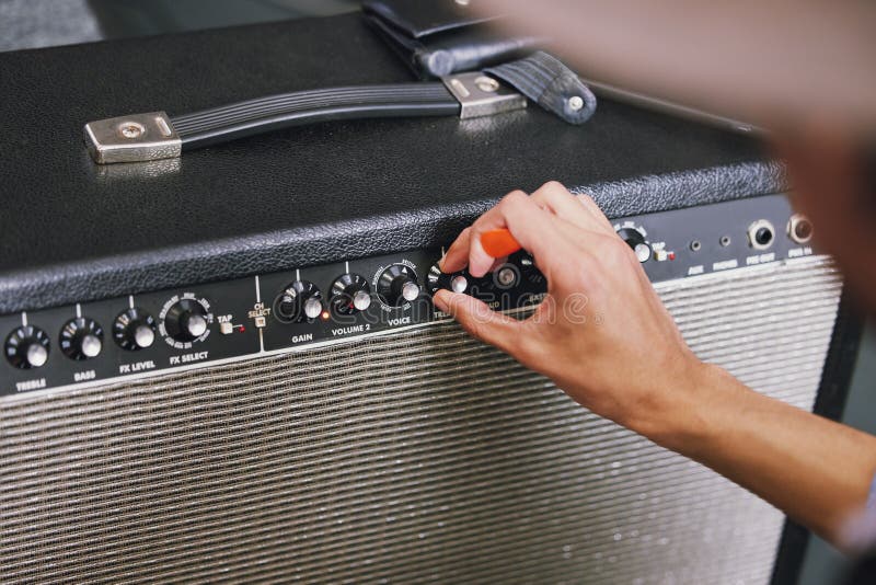 Hand, Dial and Amplifier for Volume in Music Studio for Process, Mixing ...