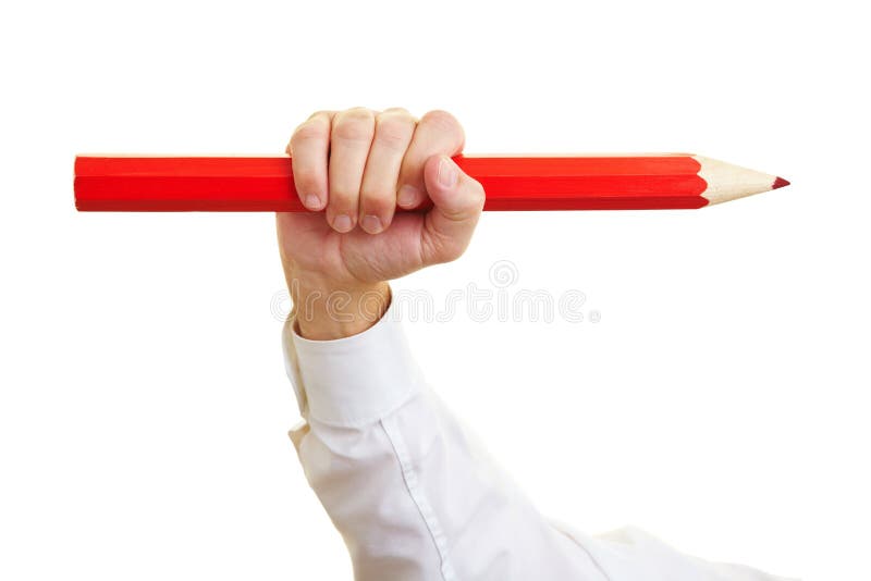 Hand Die Groot Rood Potlood Houdt Stock Afbeelding - Image of ...