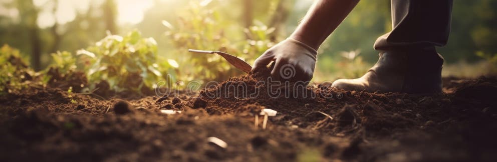 A Hand Digging into a Ground is in Focus at the Edge of a Clearing ...