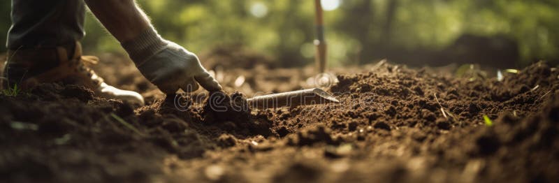 A Hand Digging into a Ground is in Focus at the Edge of a Clearing ...
