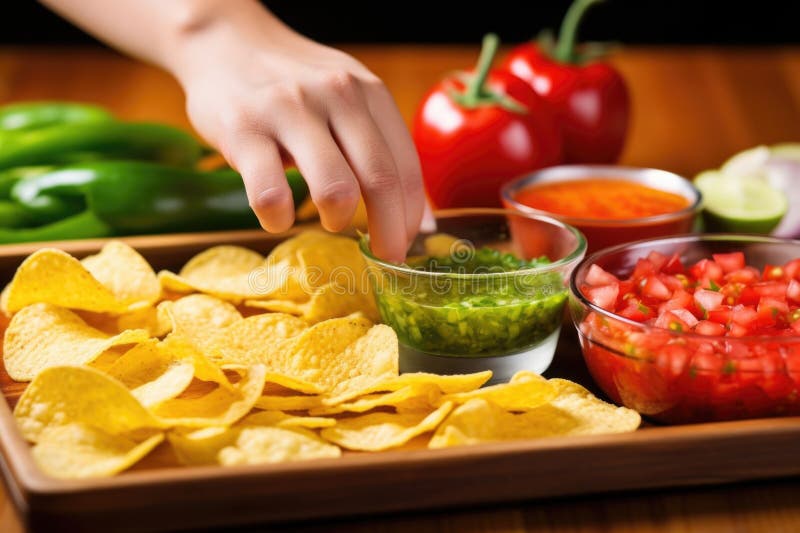 Hand Dipping a Potato Chip in Homemade Salsa on a Tray Stock Image ...