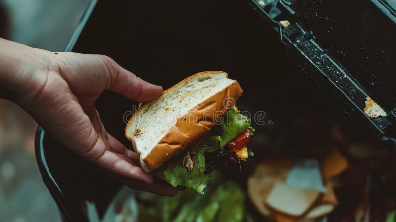 A Hand Discarding a Sandwich into a Trash Bin, Highlighting Food Waste ...