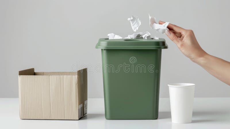 A Hand Discarding Waste into a Green Trash Bin. a Cardboard Box and a ...