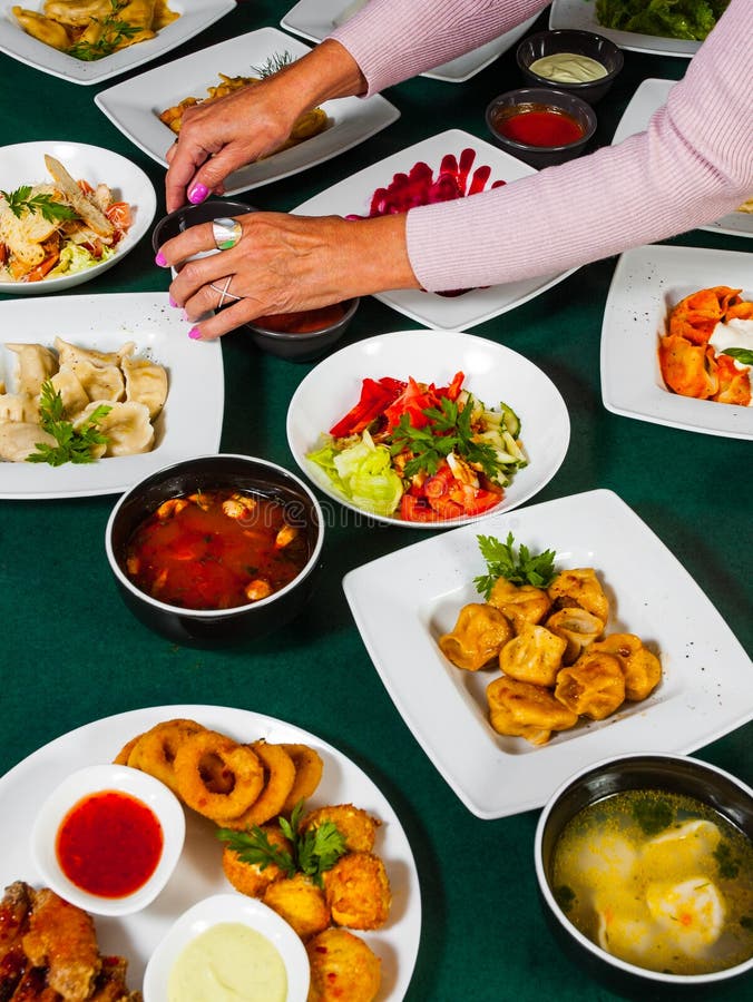 Dishes with Different Food on the Wooden Table Stock Photo - Image of ...