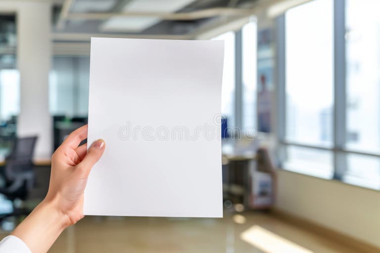 Hand Displaying Blank Paper with a Blurred Office Backdrop Stock Image ...