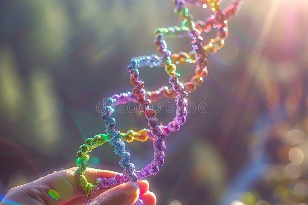 Hand Displaying a Multi Colored DNA Model in Sunlight, Reflecting the ...