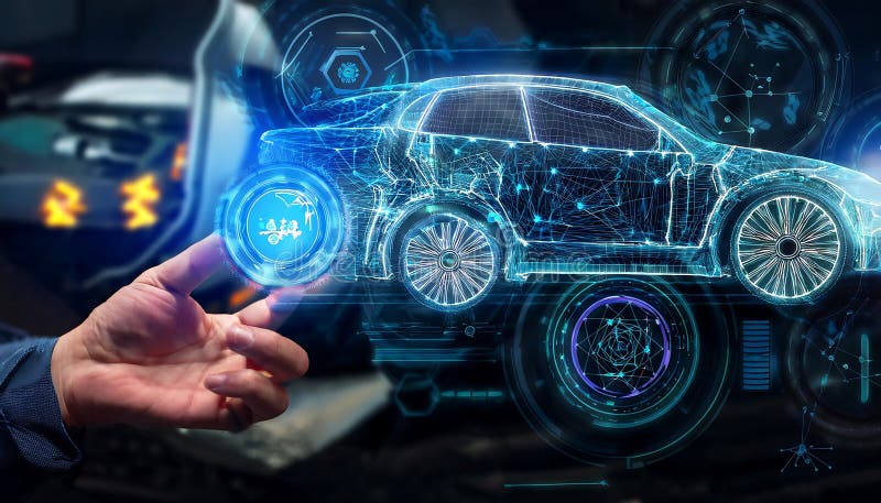 A Hand Displays a Digital Car Icon with Service Symbols a Car Engine is ...