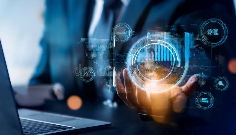 Hand Displays Holographic Interface with Charts, Map, and Various Icons ...