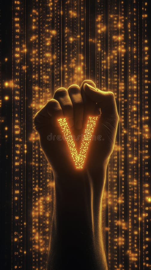 Hand Raised in a Peace Sign Illuminated by Orange Lights and Digital ...