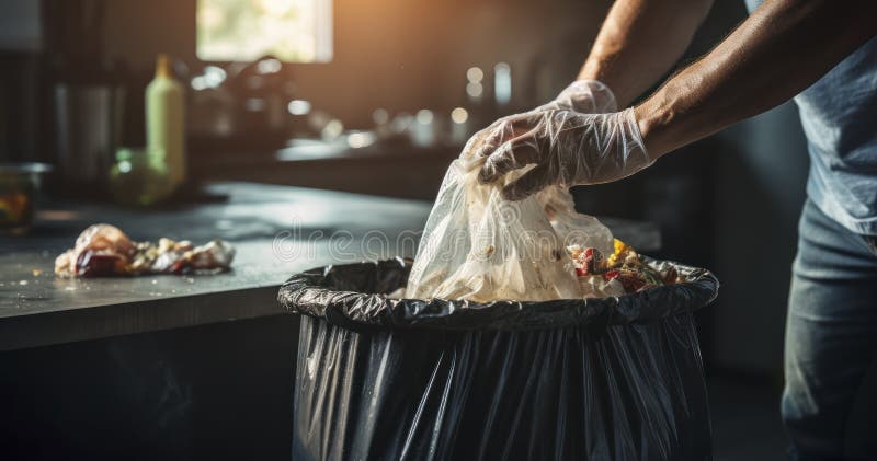 Hand Disposing of a Garbage Bag in Kitchen Bin. Generative AI Stock ...