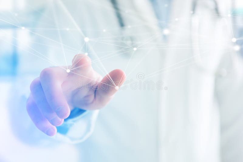 Hand of a Doctor Touchnig an Operating System Screen and Network Stock ...