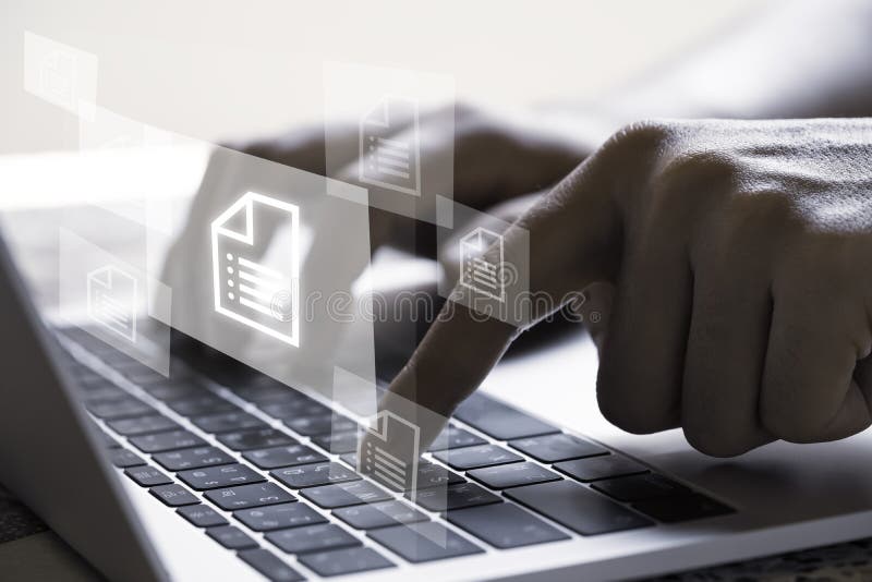 Hand with Document Icons and Typing To Laptop Computer Editorial Stock ...