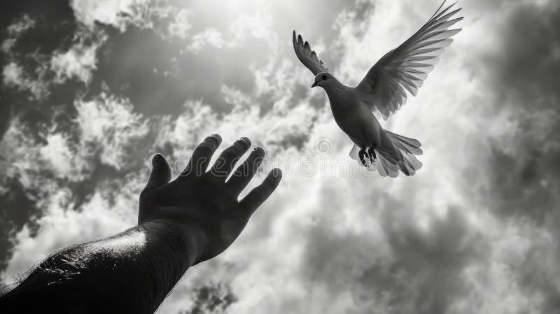 Hand and Dove Against a Stormy Sky, Reaching for Freedom Stock Photo ...