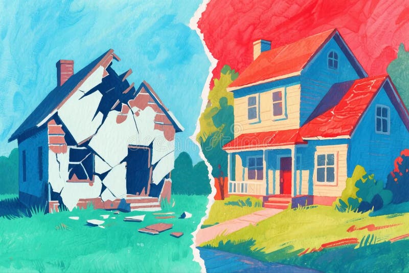 Hand-drawn Watercolor Broken House Vs Safe Home, Social Contrast ...