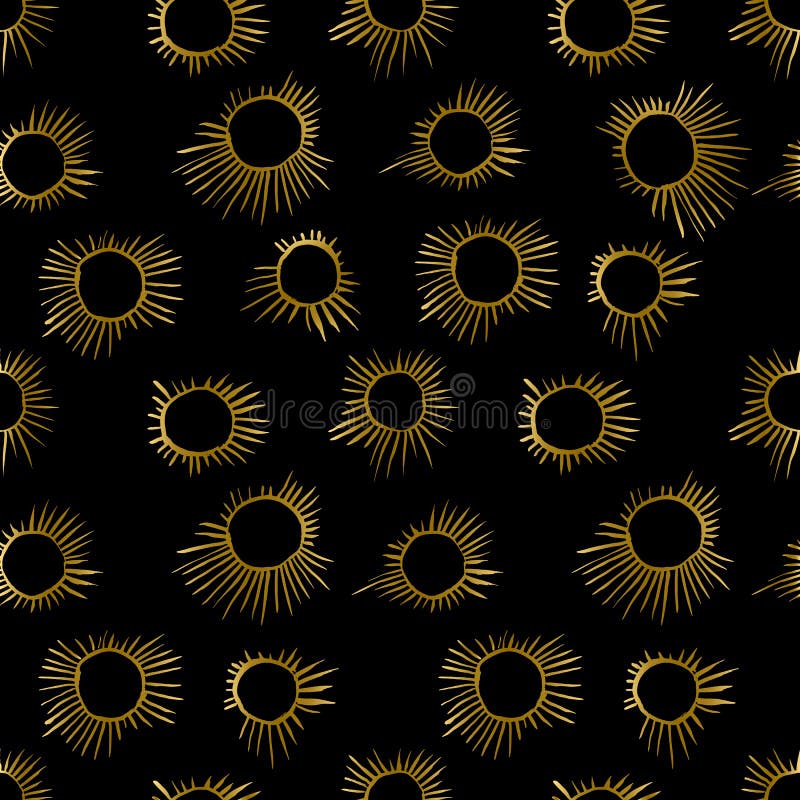 Hand Draw Black and Golden Sun Beam. Vector Seamless Pattern. Stock ...