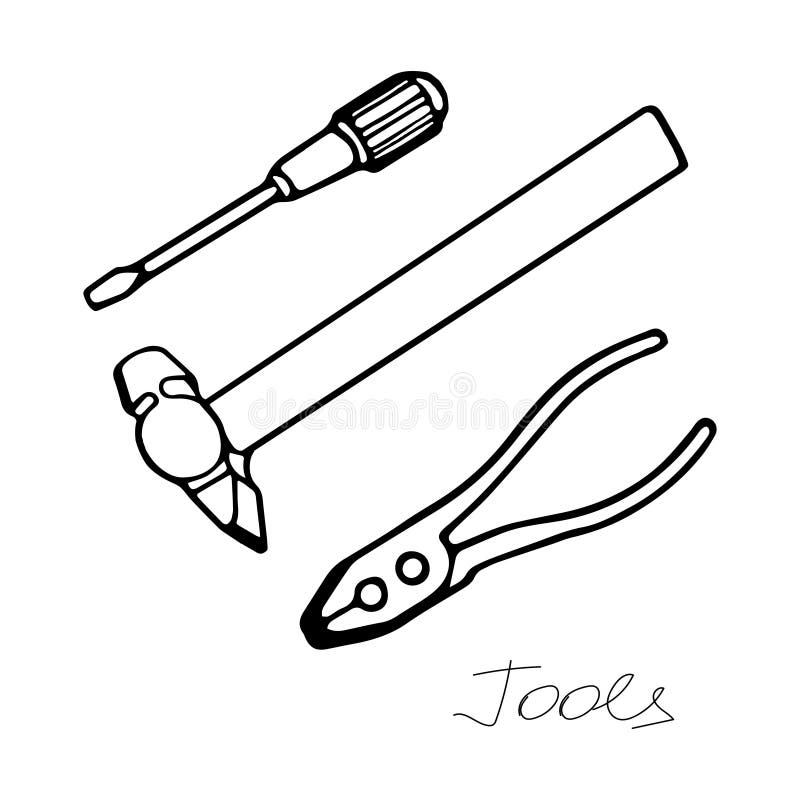 Hand-draw Black Vector Illustration of Metallic Locksmith Tools Set ...
