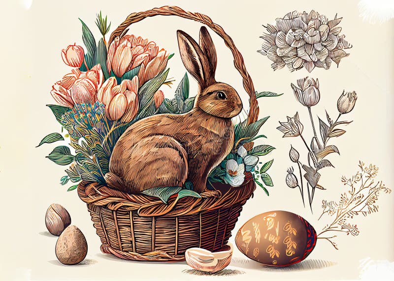 Hand Draw Bunny in Basket with Decorated Eggs - AI Generated Stock ...