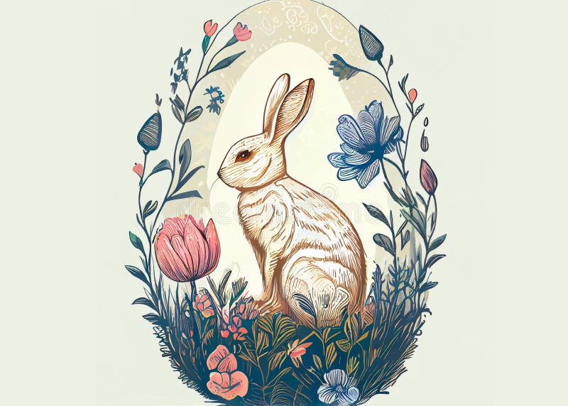 Hand Draw Bunny in Grass with Easter Eggs - AI Generated Stock ...