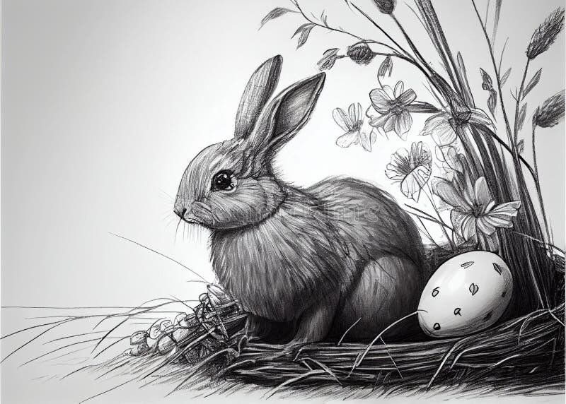 Hand Draw Bunny in Nest with Easter Eggs - AI Generated Stock ...