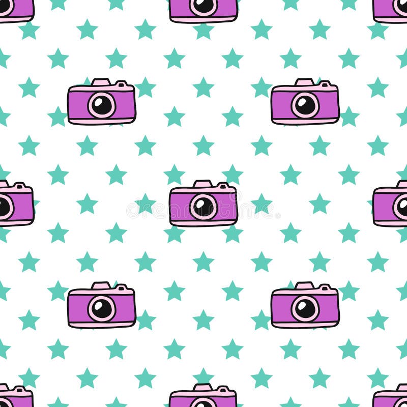 Hand Draw Camera Seamless Pattern. Vector Endless Background in Doodle ...