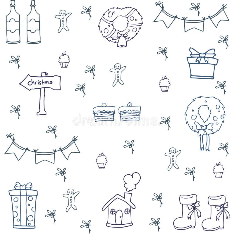 Hand Draw Christmas Object On Doodle Stock Vector - Illustration of ...