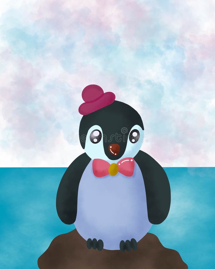 Hand Draw of Cute Little Penguins on Big Stone Stock Illustration ...
