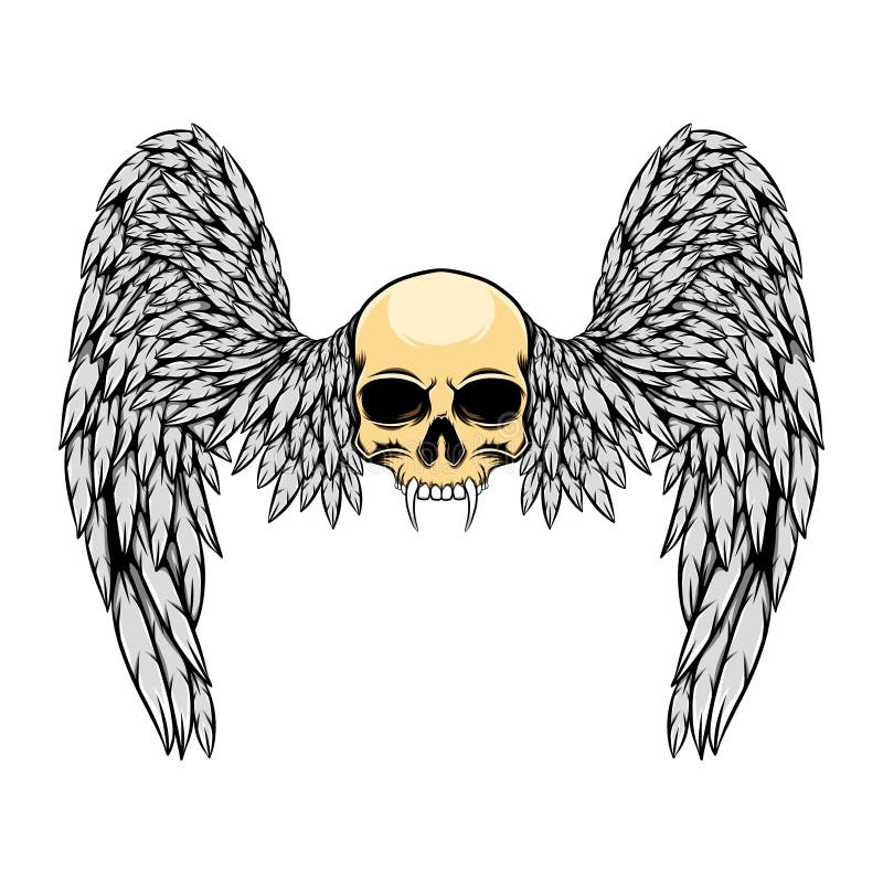 The Hand Draw of the Dead Skull Human with the Sharp Fangs and Wings ...