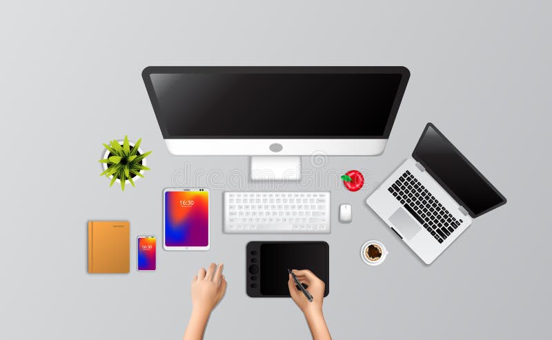 Hand Draw Designer Full Computer Setup Laptop, Drawing Tab, Phone ...