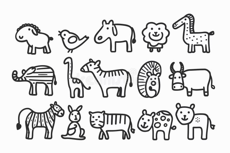 Hand Draw Doodle Animals Set Isolated Illustration Stock Vector ...