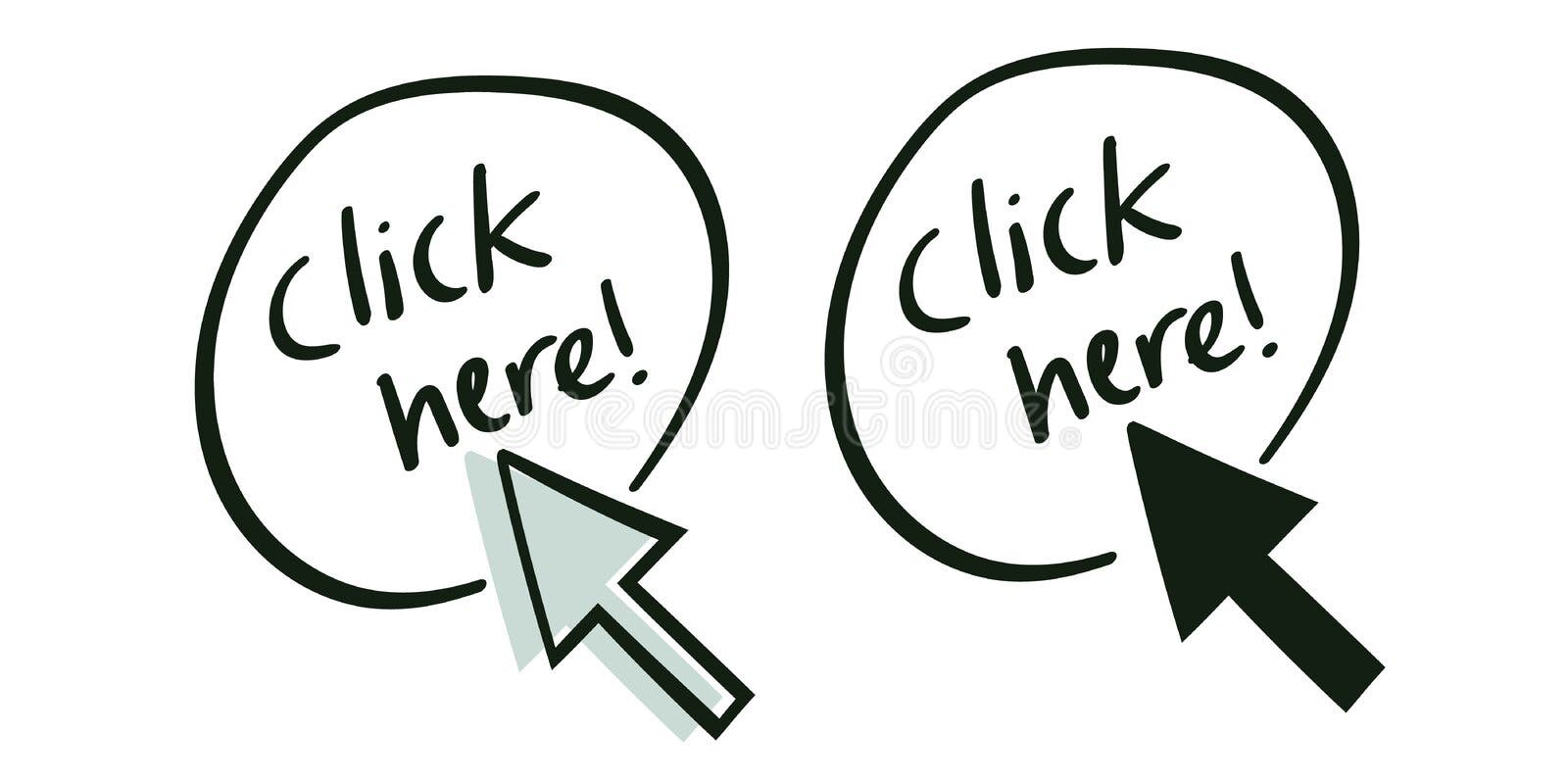 Doodle Click Icon Set. Hand Drawn Mouse Cursor. Press Here Tap Button. Arrow and Finger Pointer ...