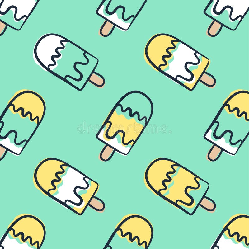 Hand Draw Doodle Ice Cream Seamless Pattern. Summer Green Background ...
