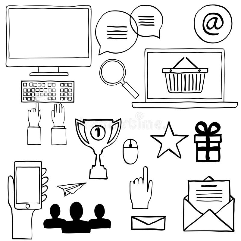 Hand Draw Doodle Icons. Concept Internet, Work, Stock Vector ...