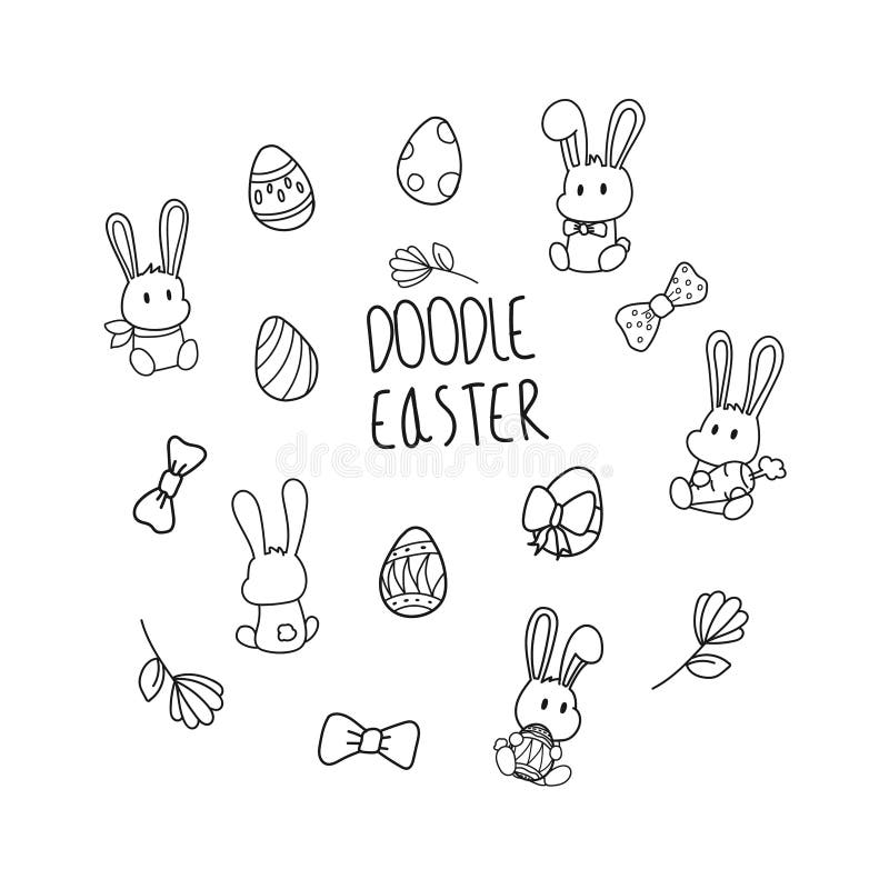 Hand Draw Easter Doodle Elements Set.Bunny Cartoon. Stock Illustration ...