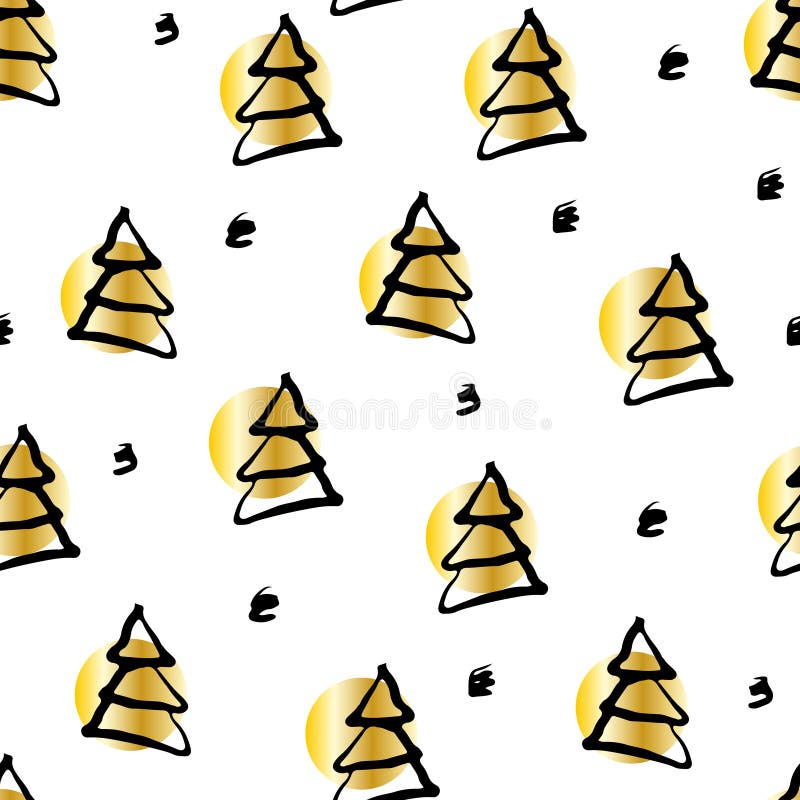 Hand Draw Gold Fir-trees and Stars on White Background. Christmas ...