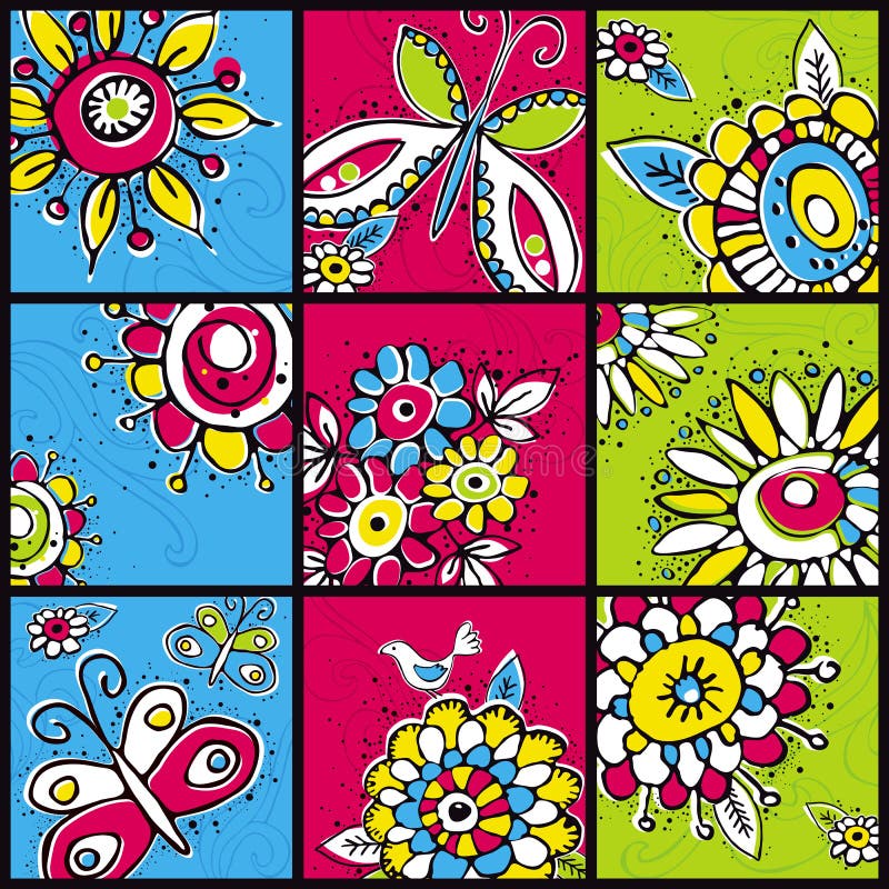 Hand Draw Flowers in Color Squares Stock Vector - Illustration of draw ...