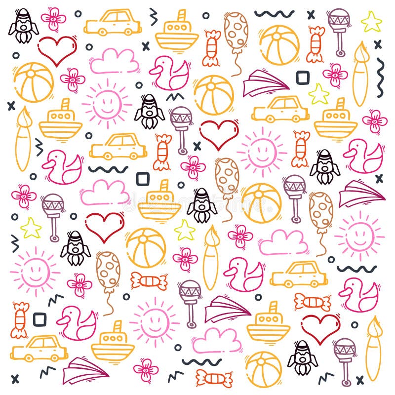 Hand Draw Kids Doodle Background. Objects from a Child`s Life. Stock ...