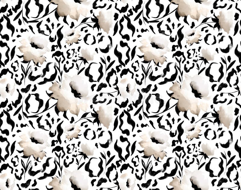Hand Draw Leopard and Flower Pattern. Seamless Leopard Background Stock ...